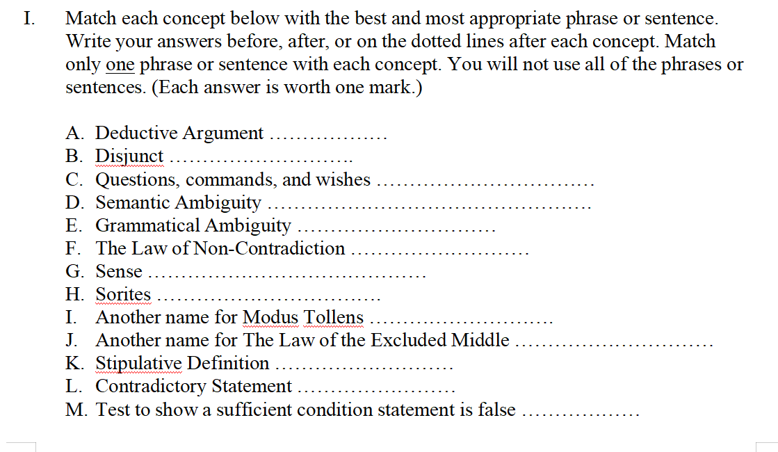 Solved I. Match each concept below with the best and most | Chegg.com