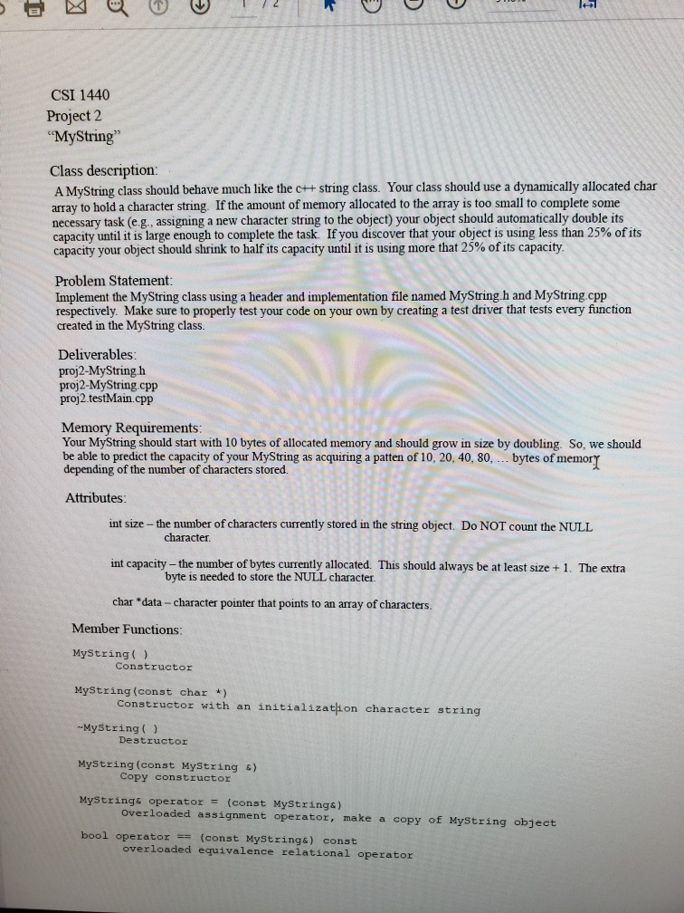 Solved CA CSI 1440 Project 2 MyString" Class description: A | Chegg.com