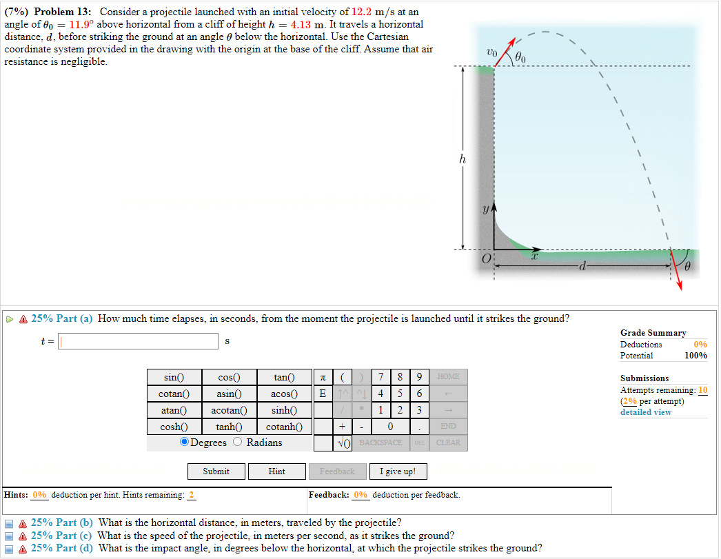 Solved (7\%) Problem 13: Consider a projectile launched with | Chegg.com