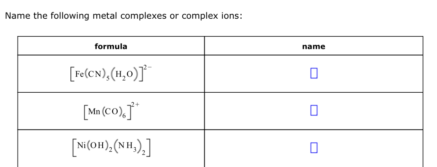 Solved Name the following metal complexes or complex ions: | Chegg.com