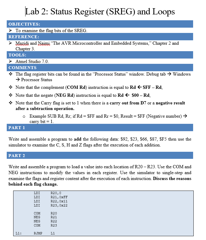 Solved Lab 2: Status Register (SREG) and Loops I OBJECTIVES: | Chegg.com