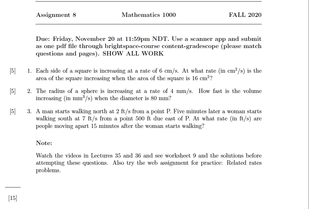 Solved Assignment 8 Mathematics 1000 FALL 2020 Due: Friday, | Chegg.com
