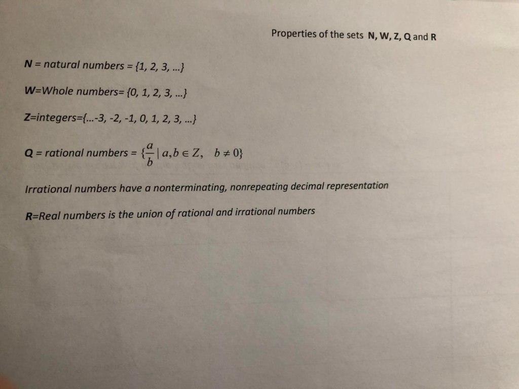 Solved Properties of the sets N, W, Z, Q and R | Chegg.com