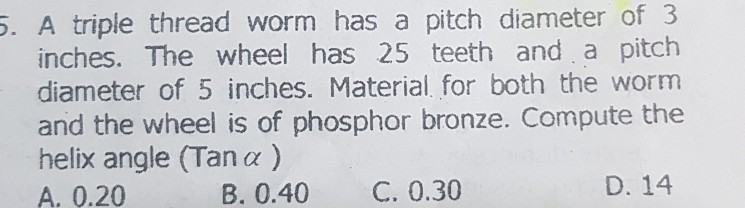 Solved 5. A triple thread worm has a pitch diameter of 3 | Chegg.com