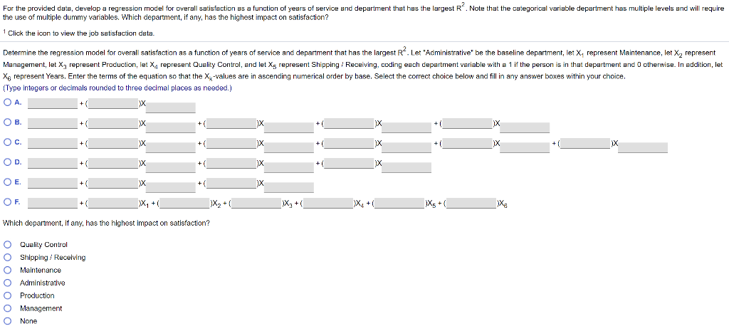 Solved For the provided data, develop a regression model for | Chegg.com