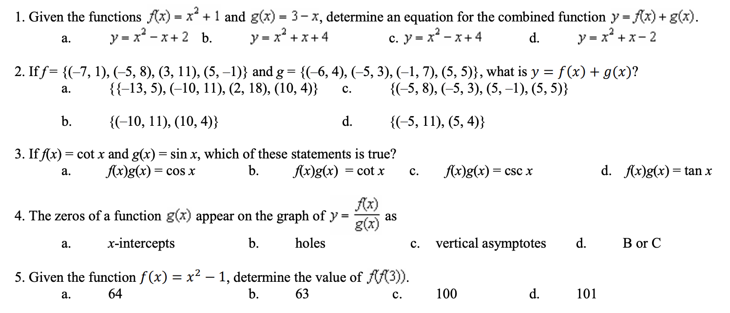 Solved 1 Given The Functions F X X2 1 And G X 3−x