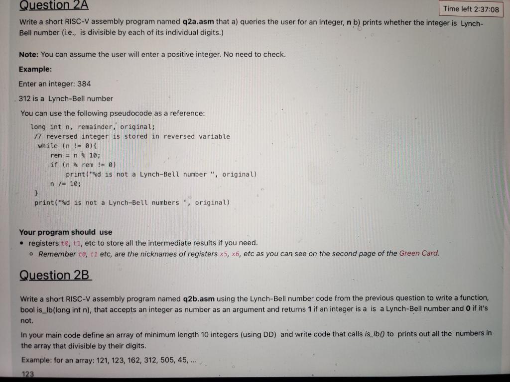 Solved Question 2A Time left 2:37:08 Write a short RISC-V | Chegg.com