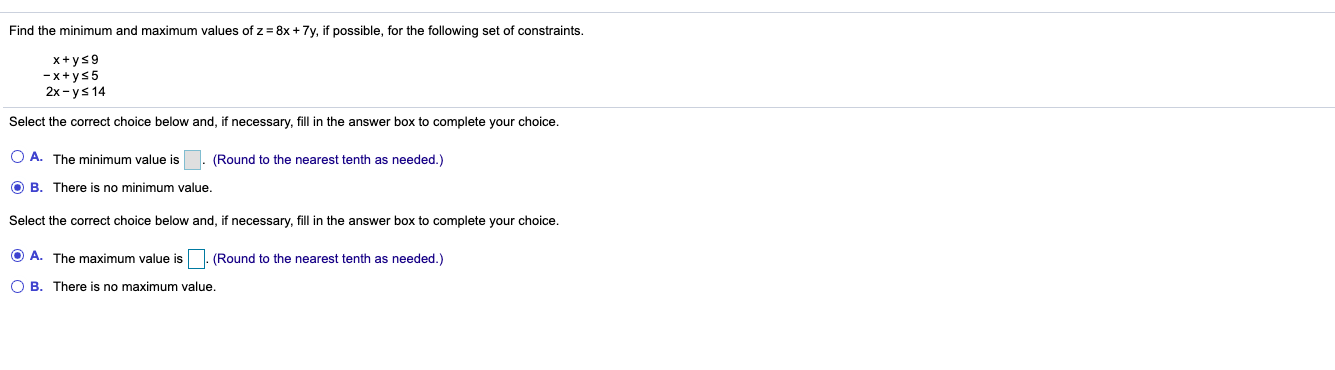 Solved Find the minimum and maximum values of z = 8x + 7y, | Chegg.com