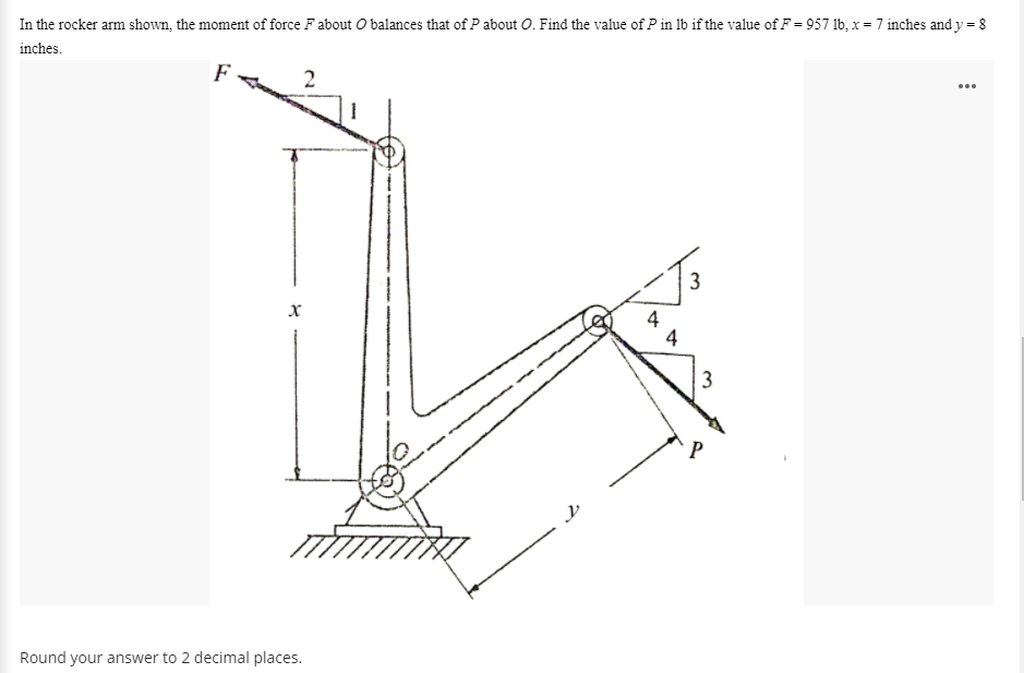 Solved In the rocker arm shown, the moment of force F about | Chegg.com