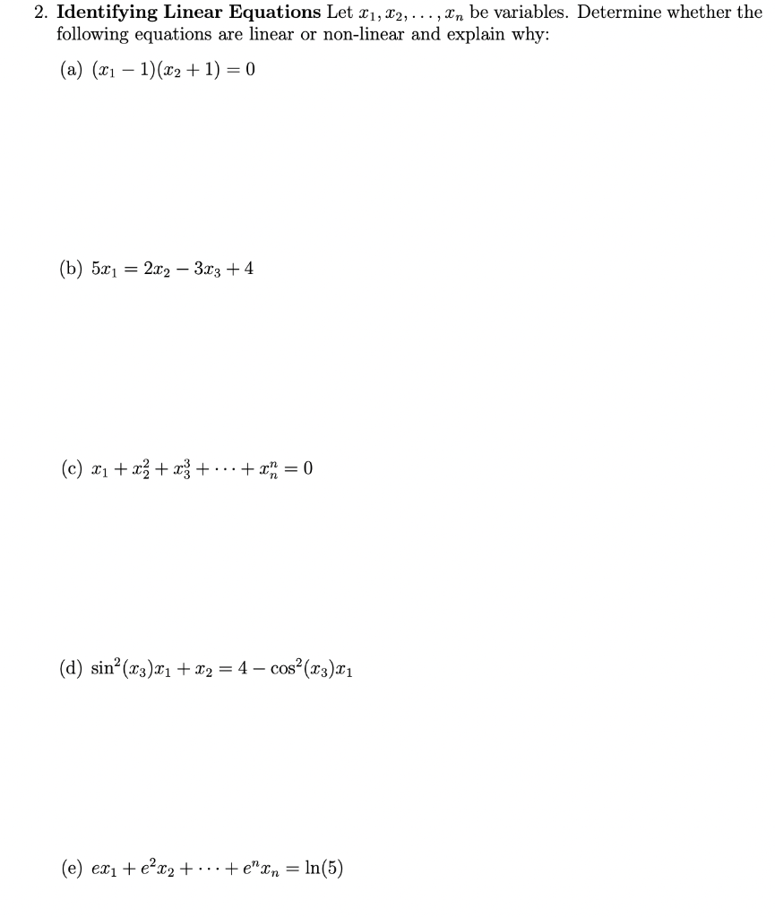 Solved 2. Identifying Linear Equations Let 21, 22, ..., In | Chegg.com