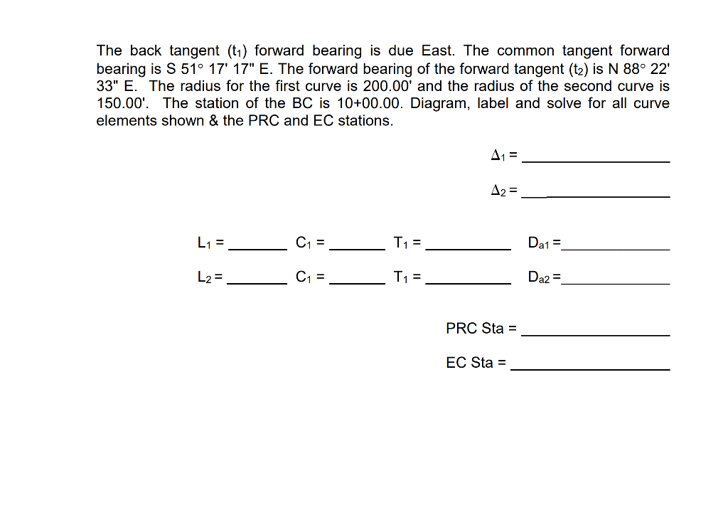 Solved The back tangent (t1) forward bearing is due East. | Chegg.com