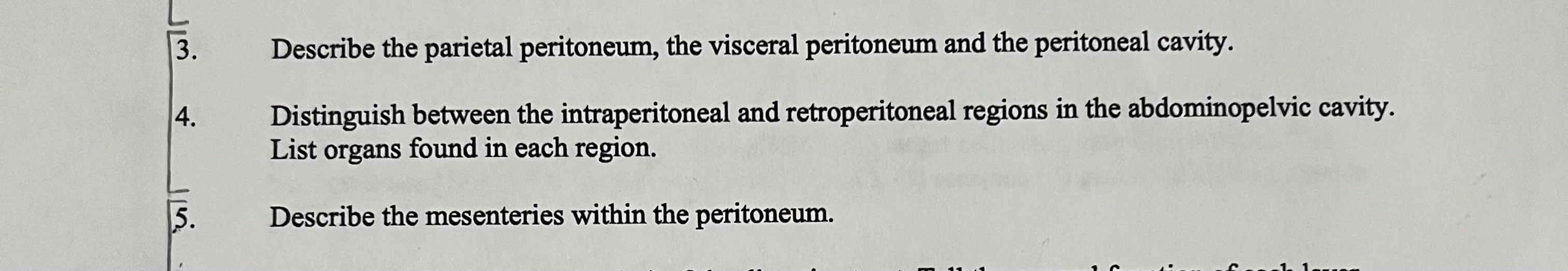 Solved 3. Describe the parietal peritoneum, the visceral | Chegg.com