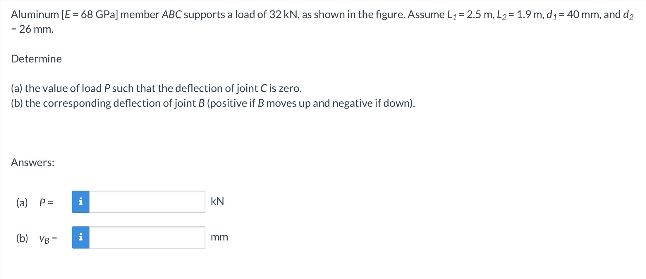 Solved Aluminum [E = 68 GPa) member ABC supports a load of | Chegg.com