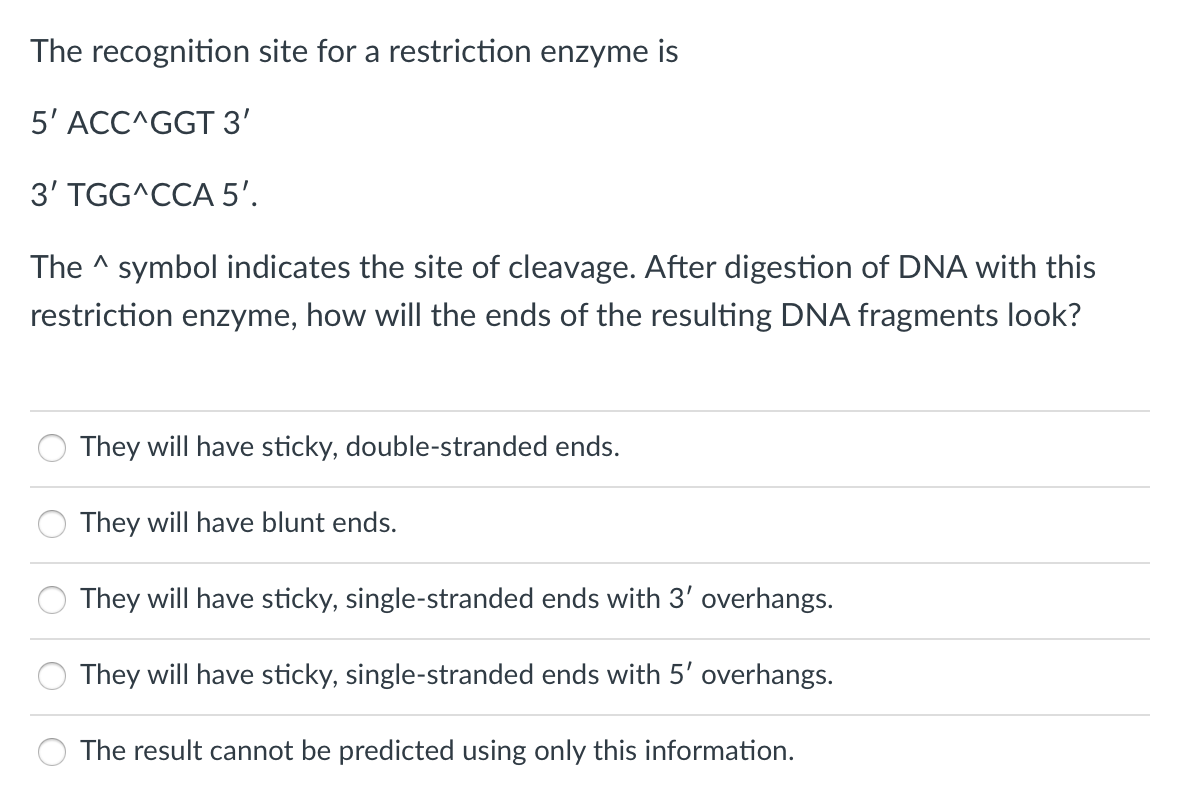 Solved The recognition site for a restriction enzyme is 5' | Chegg.com