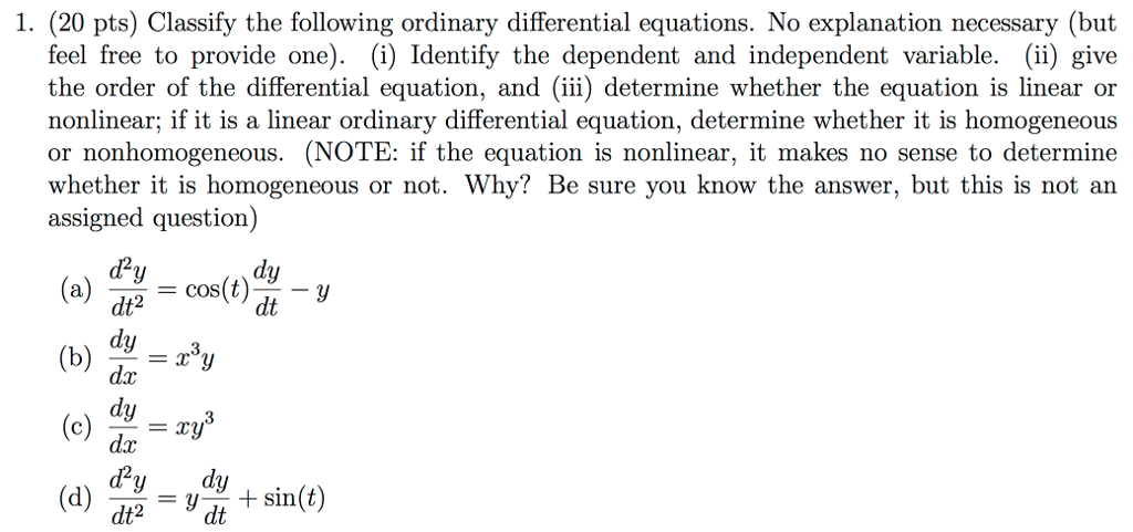 Solved 1. (20 pts) Classify the following ordinary | Chegg.com