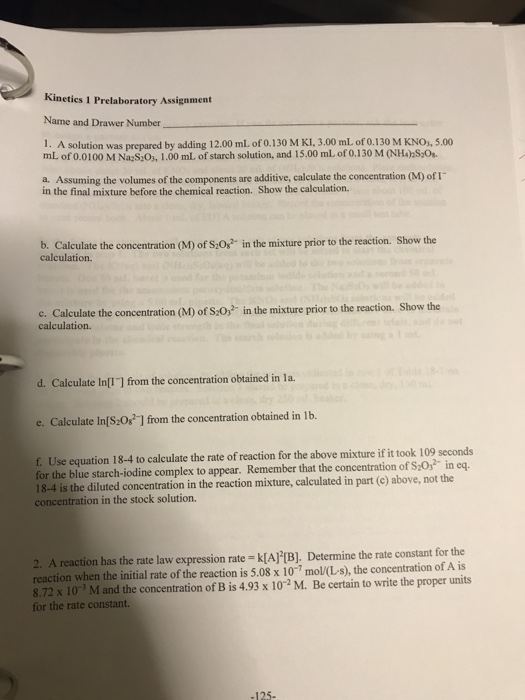 Solved Kineties 1 Prelaboratory Assignment Name and Drawer | Chegg.com