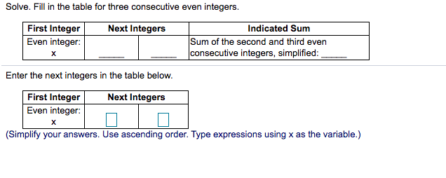Solved Solve. Fill in the table for three consecutive even | Chegg.com