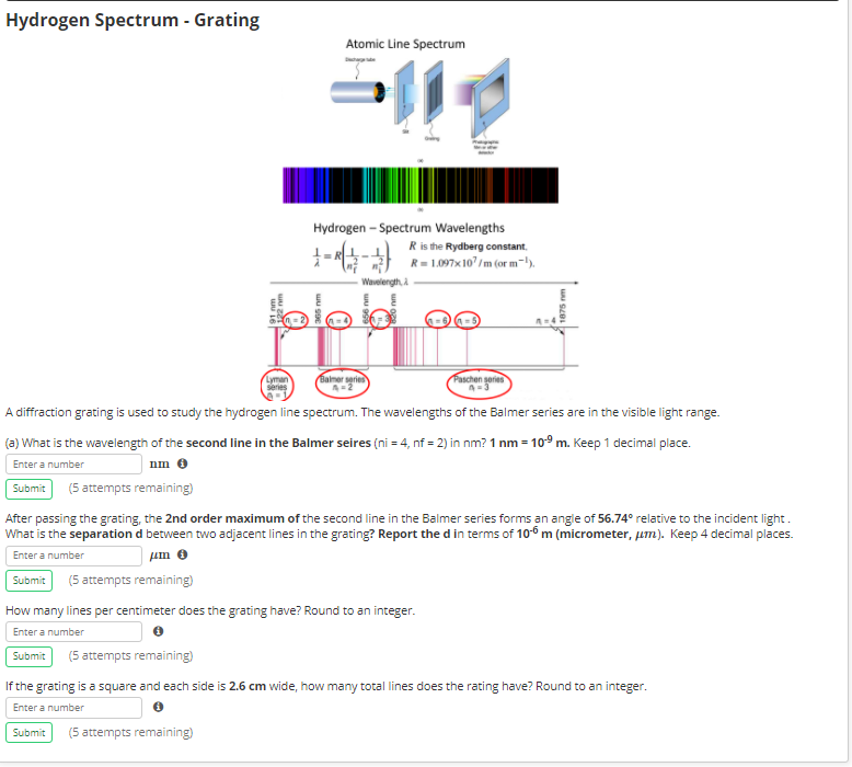 Solved Hydrogen Spectrum - Grating Atomic Line Spectrum -111 | Chegg.com