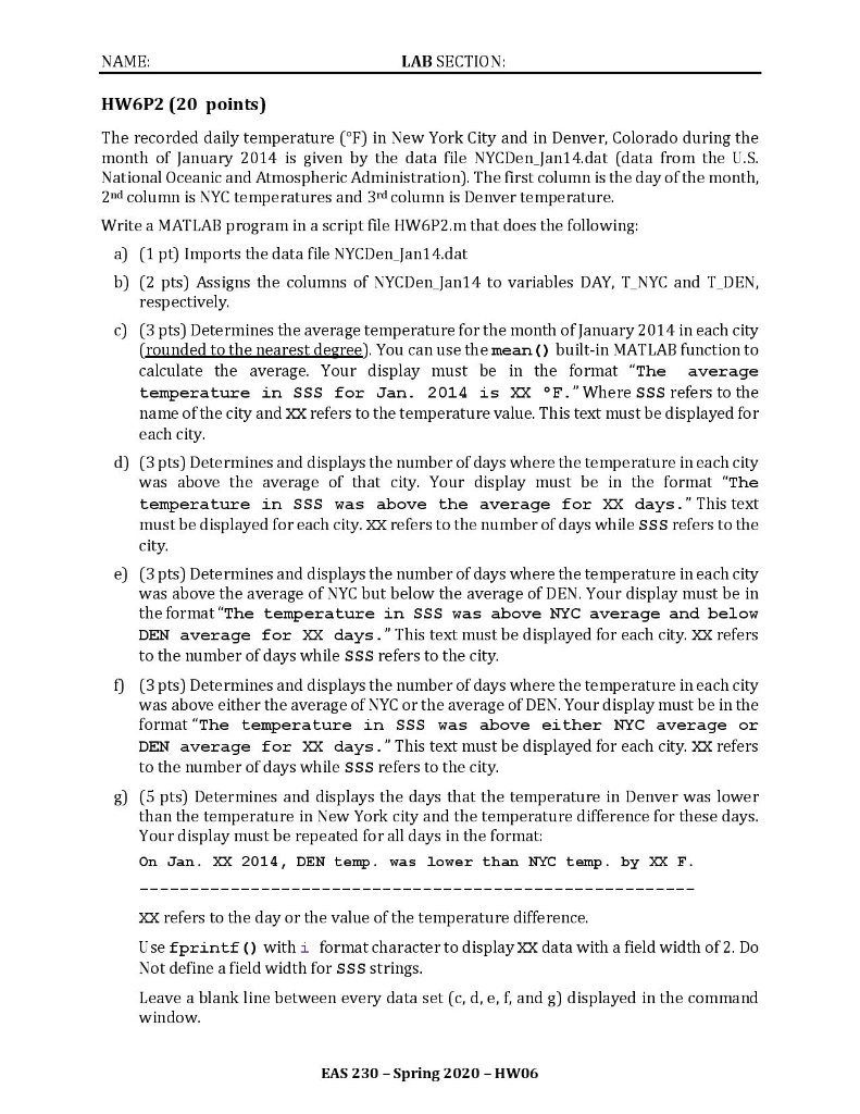 Solved NAME: LAB SECTION HW6P2 (20 points) The recorded | Chegg.com
