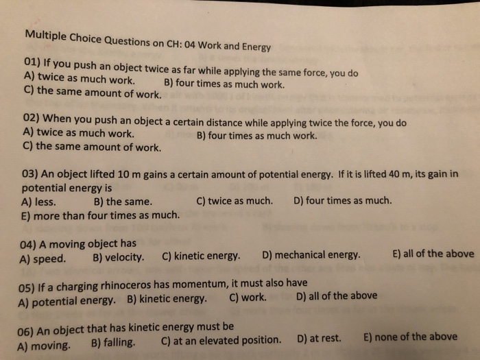 Solved Multiple Choice Questions on CH: 04 Work and Energy | Chegg.com