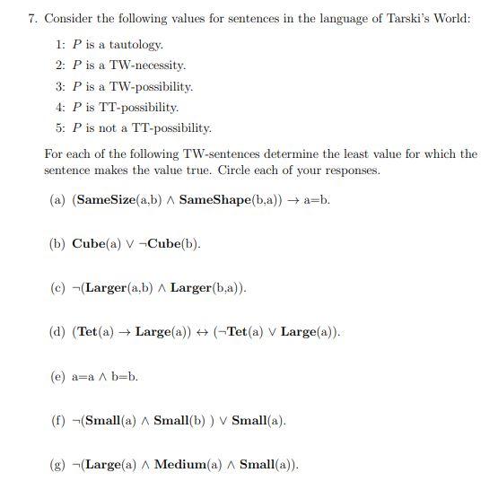 7. Consider the following values for sentences in the | Chegg.com