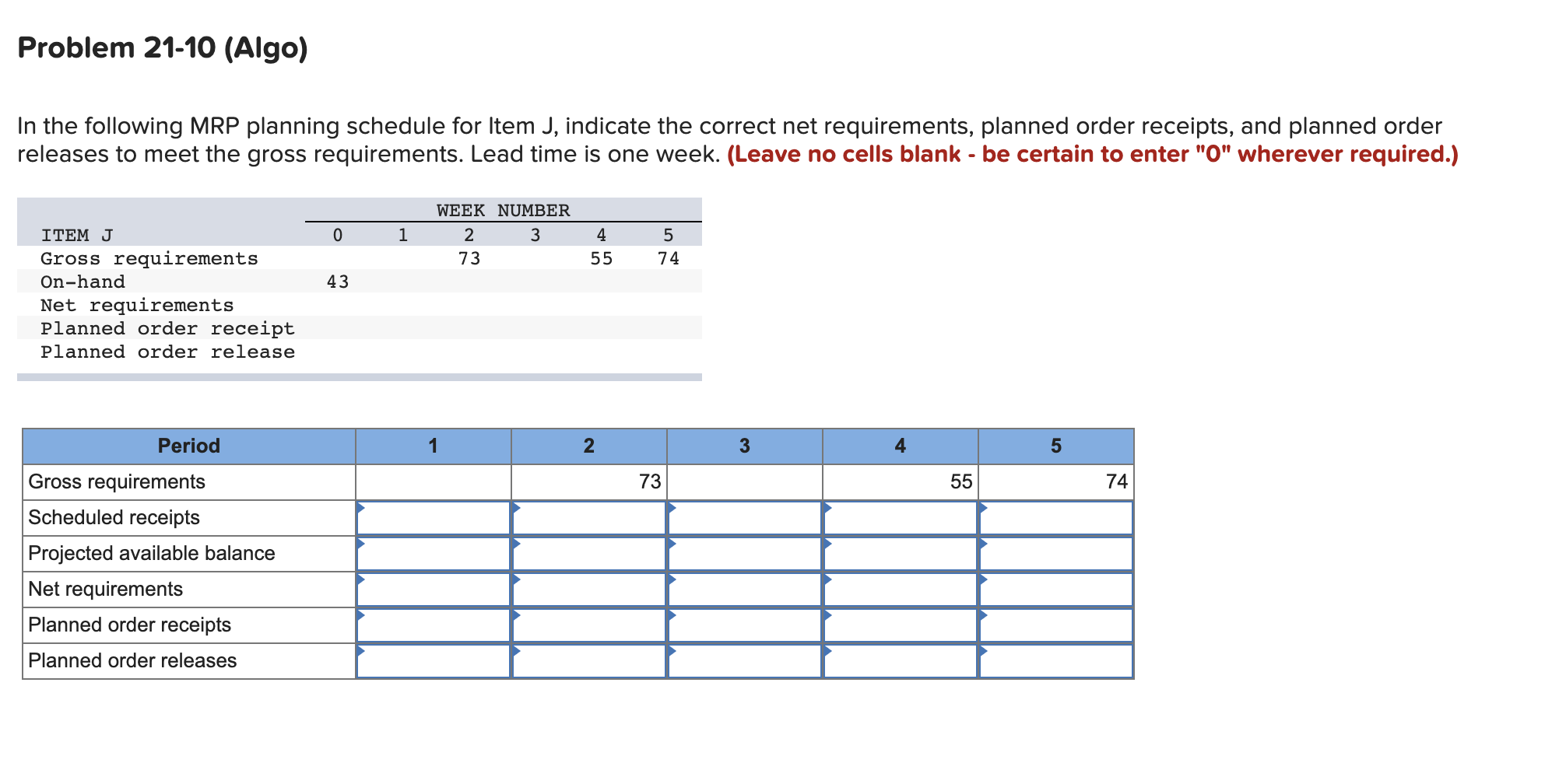 Solved Problem 21-10 (Algo) In the following MRP planning | Chegg.com