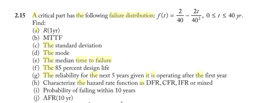 Solved 2.15 2 2t A critical part has the following failure | Chegg.com