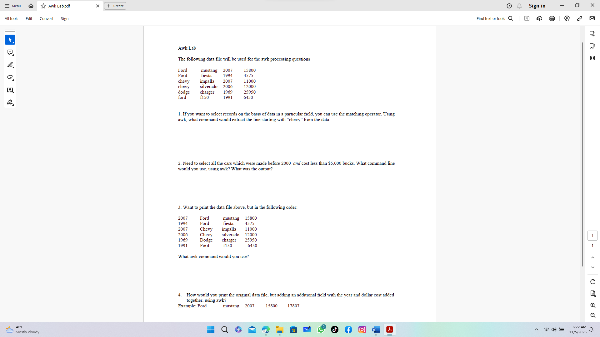 Solved The Following Data File Will Be Used For The Awk