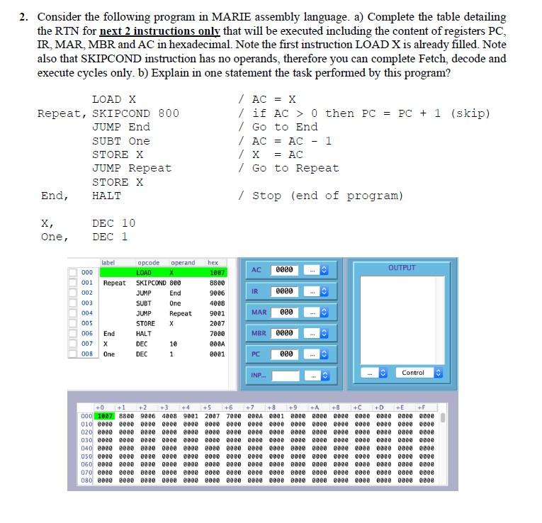 2. Consider the following program in MARIE assembly | Chegg.com