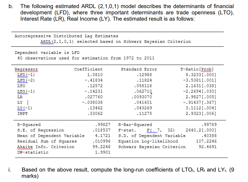 Solved b. ﻿The following estimated ARDL (2,1,0,1) ﻿model | Chegg.com