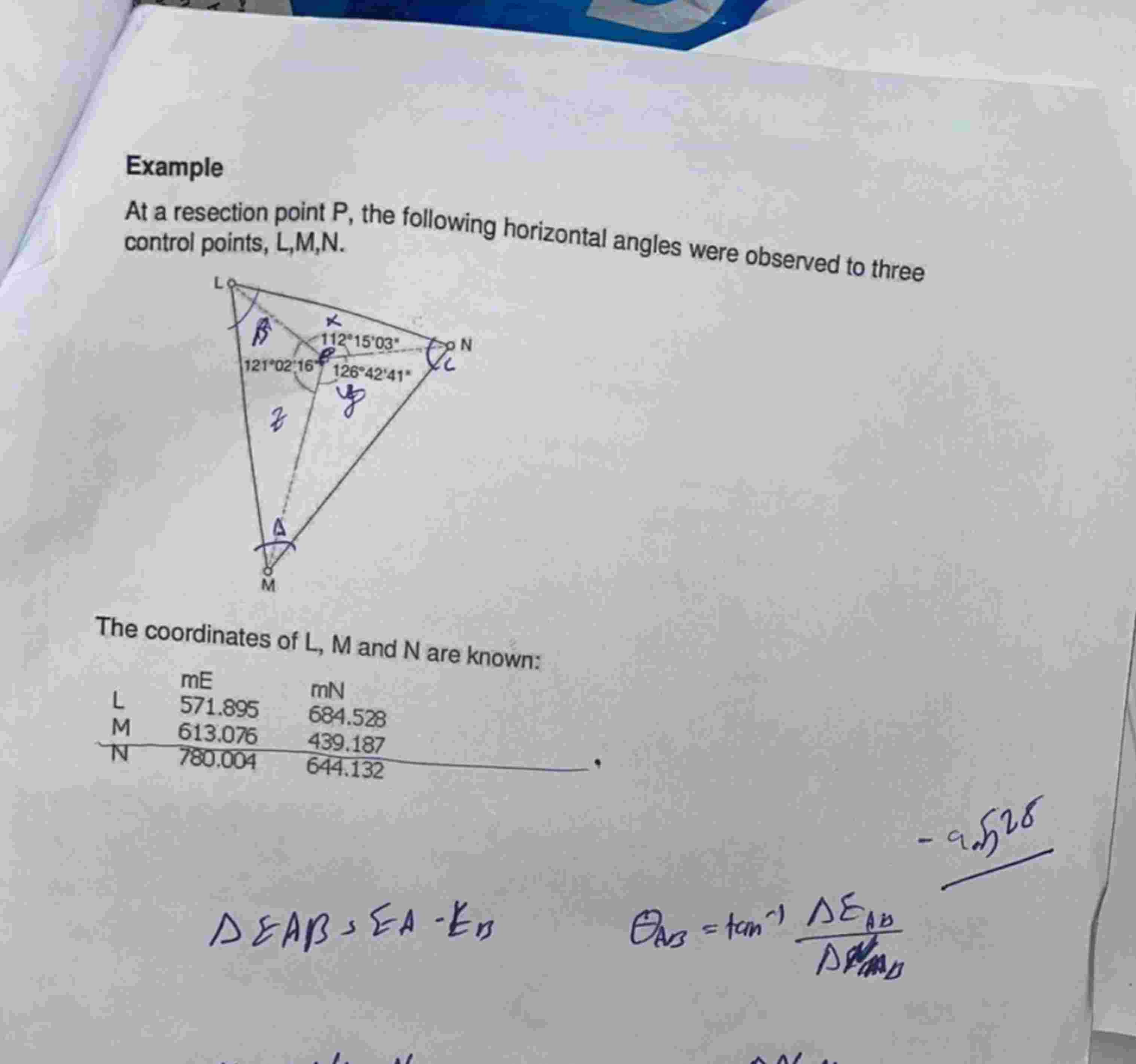 Solved ExampleAt ﻿a resection point P, ﻿the following | Chegg.com