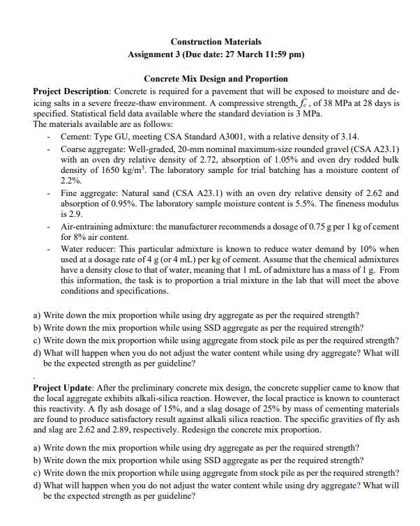 Solved Construction Materials Assignment 3 (Due date: 27 | Chegg.com