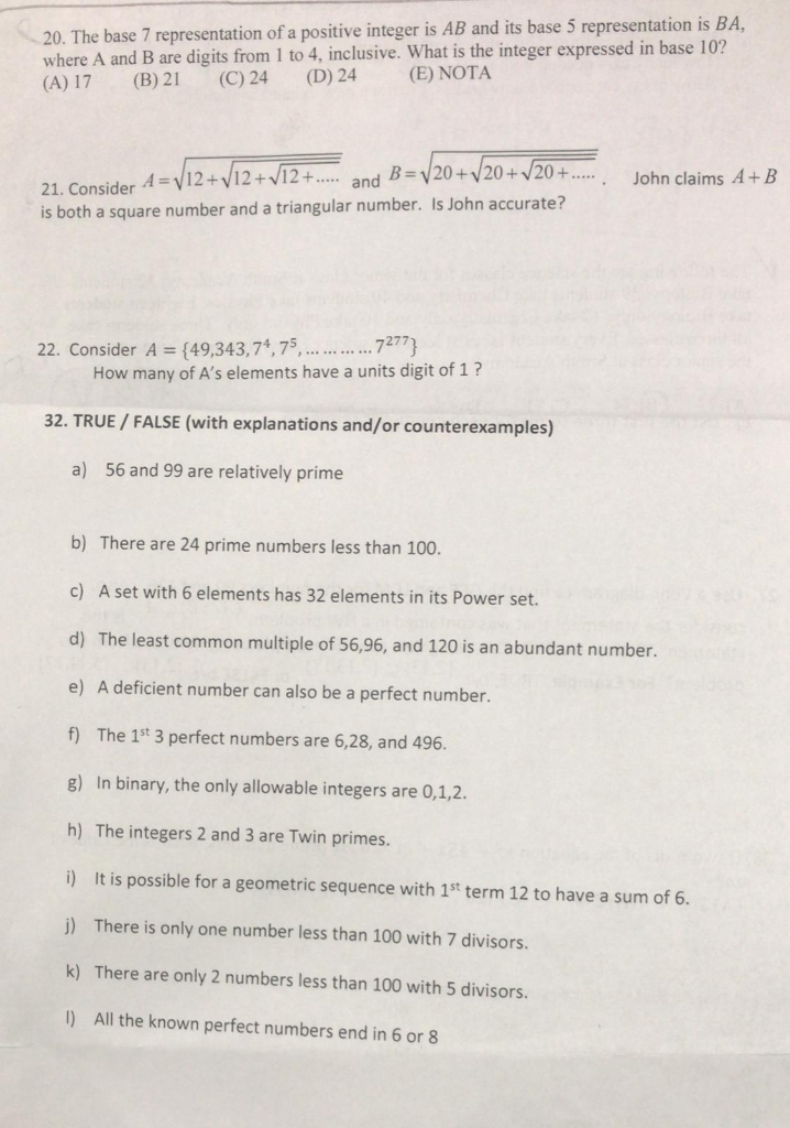 Solved 20. The base 7 representation of a positive integer | Chegg.com