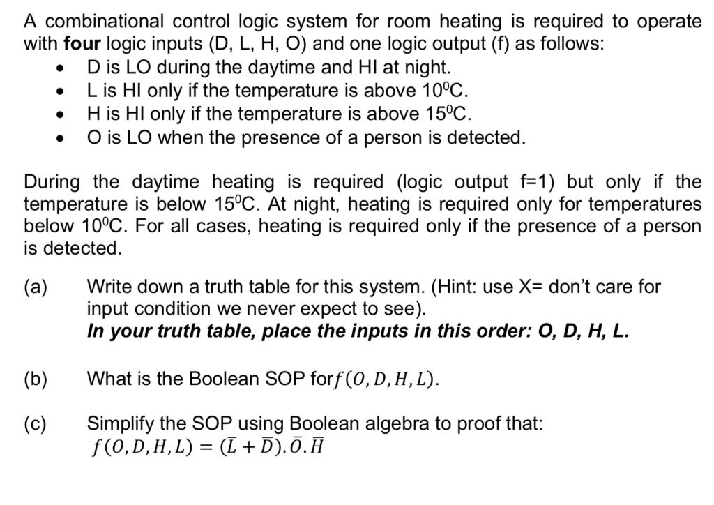 Solved A combinational control logic system for room heating | Chegg.com