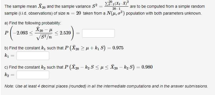 Solved 20-1 The sample mean X 20 and the sample variance S2 | Chegg.com