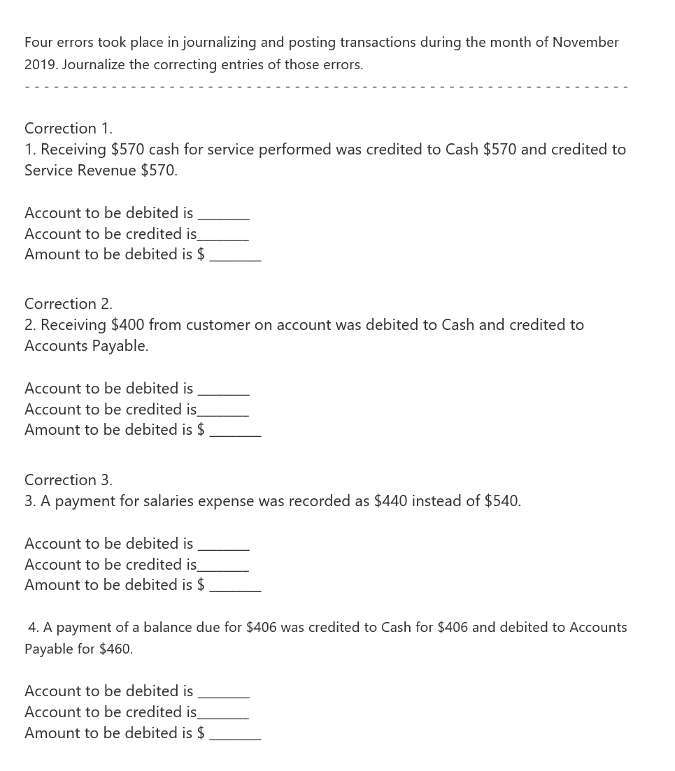 Solved Four errors took place in journalizing and posting | Chegg.com