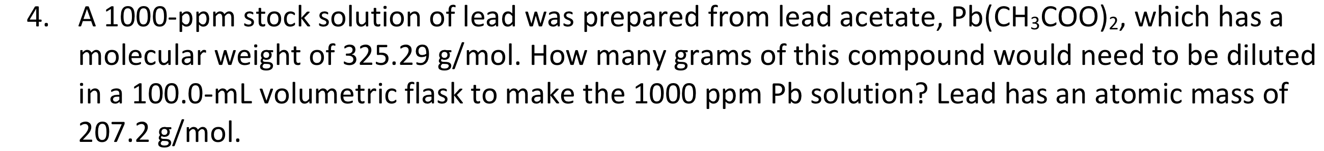 Solved A 1000-ppm ﻿stock solution of ﻿lead was prepared from | Chegg.com