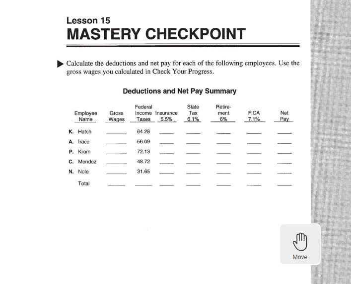 Lesson 15 MASTERY CHECKPOINT Calculate the deductions | Chegg.com