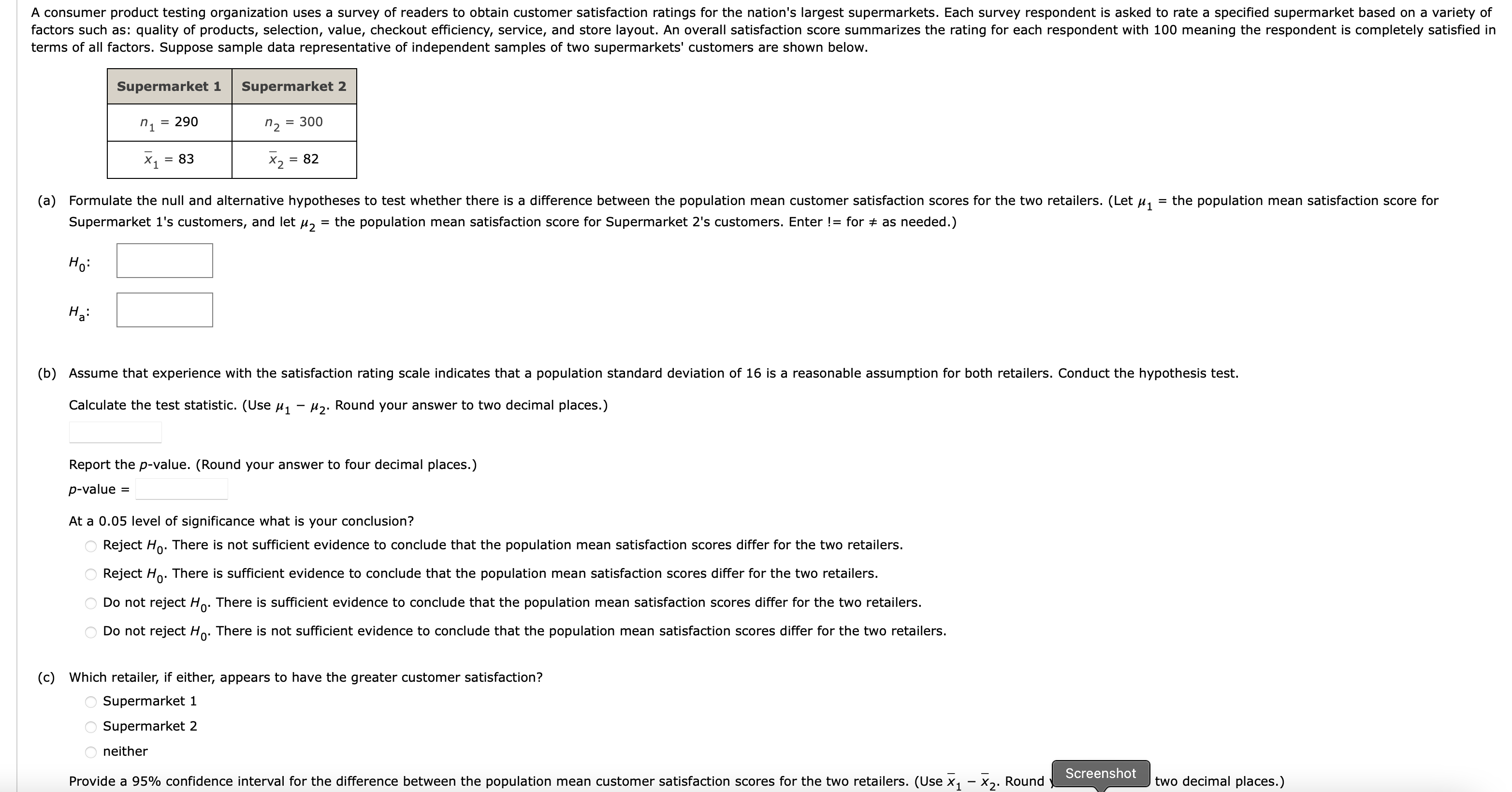 Solved Supermarket 1's customers, and let μ2= the population | Chegg.com