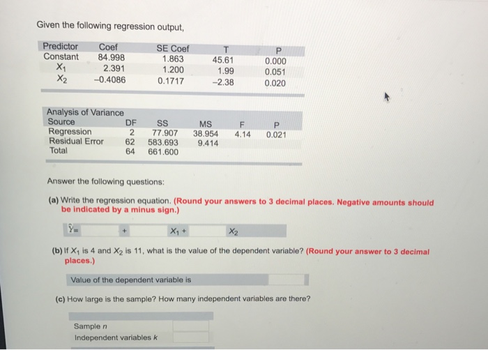 Solved Given the following regression output, Predictor Coef | Chegg.com