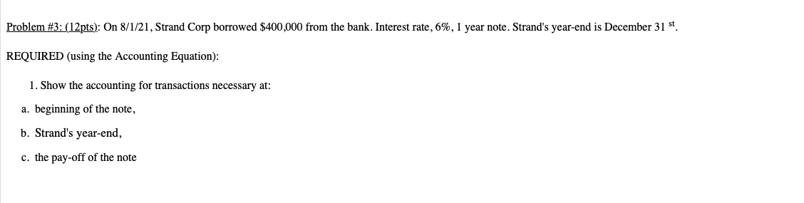 Solved Problem #3: (12pts): On 8/1/21, Strand Corp borrowed | Chegg.com