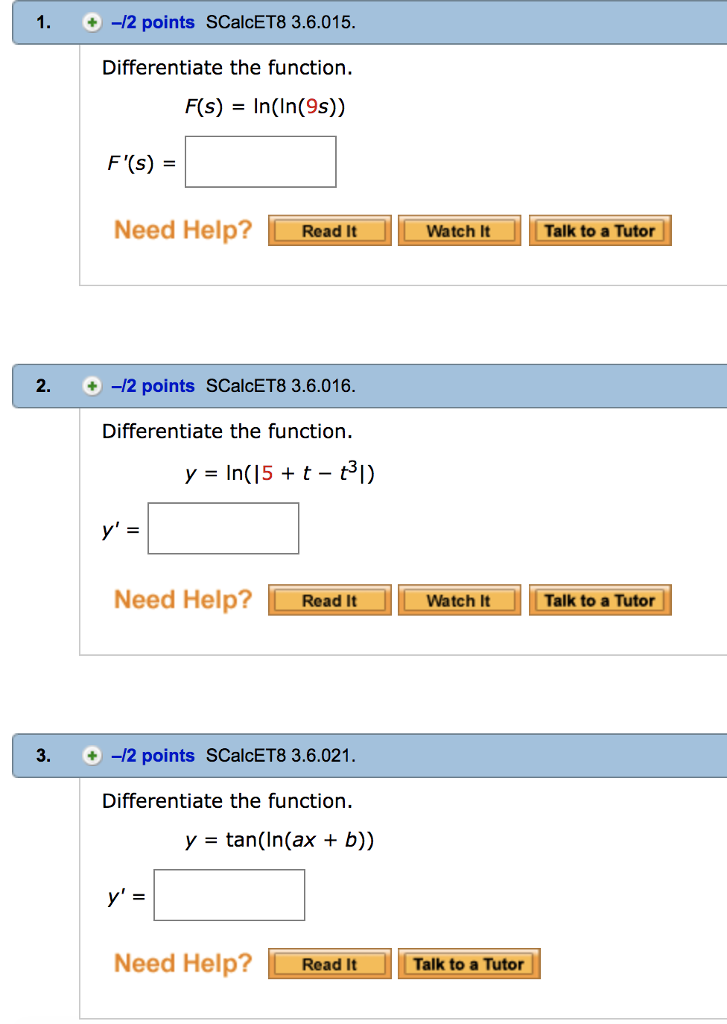 Solved 1. -2 points SCalcET8 3.6.015. Differentiate the | Chegg.com