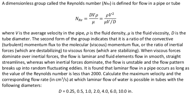 Solved A dimensionless group called the Reynolds number | Chegg.com