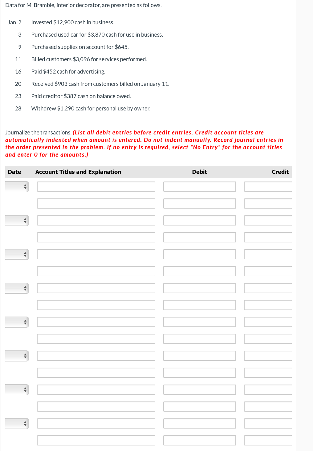 Solved Data for M. ﻿Bramble, interior decorator, are | Chegg.com