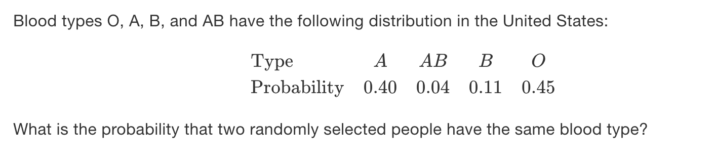 Solved Blood types O, A, B, and AB have the following | Chegg.com