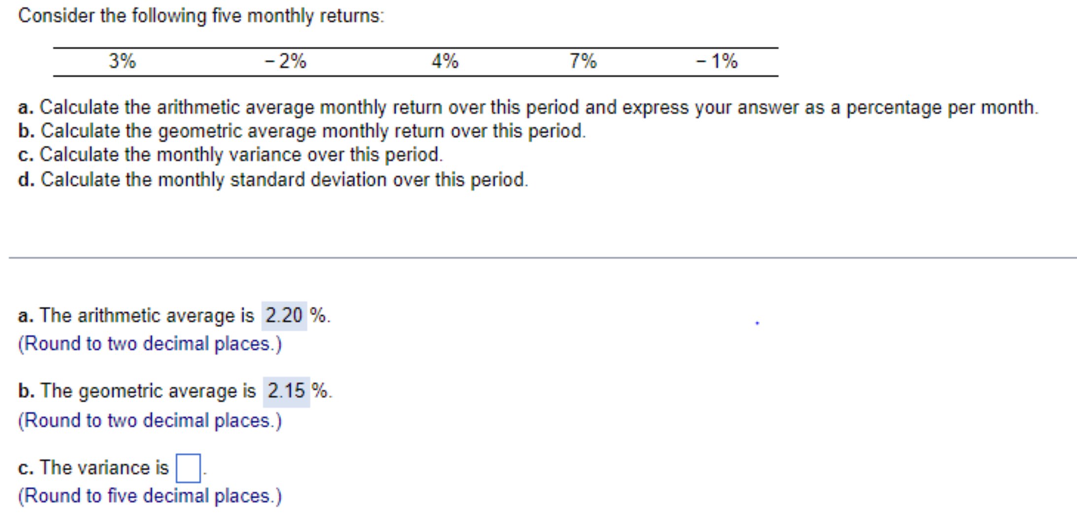 Solved Consider the following five monthly returns:a. | Chegg.com