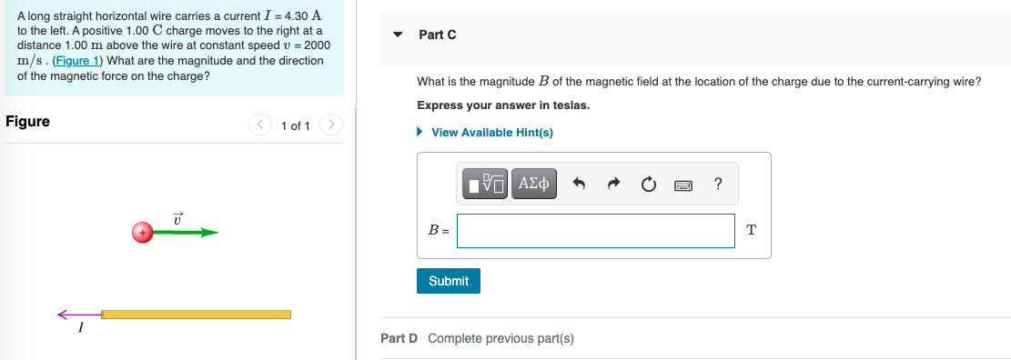 Solved A long straight horizontal wire carries a current I = | Chegg.com