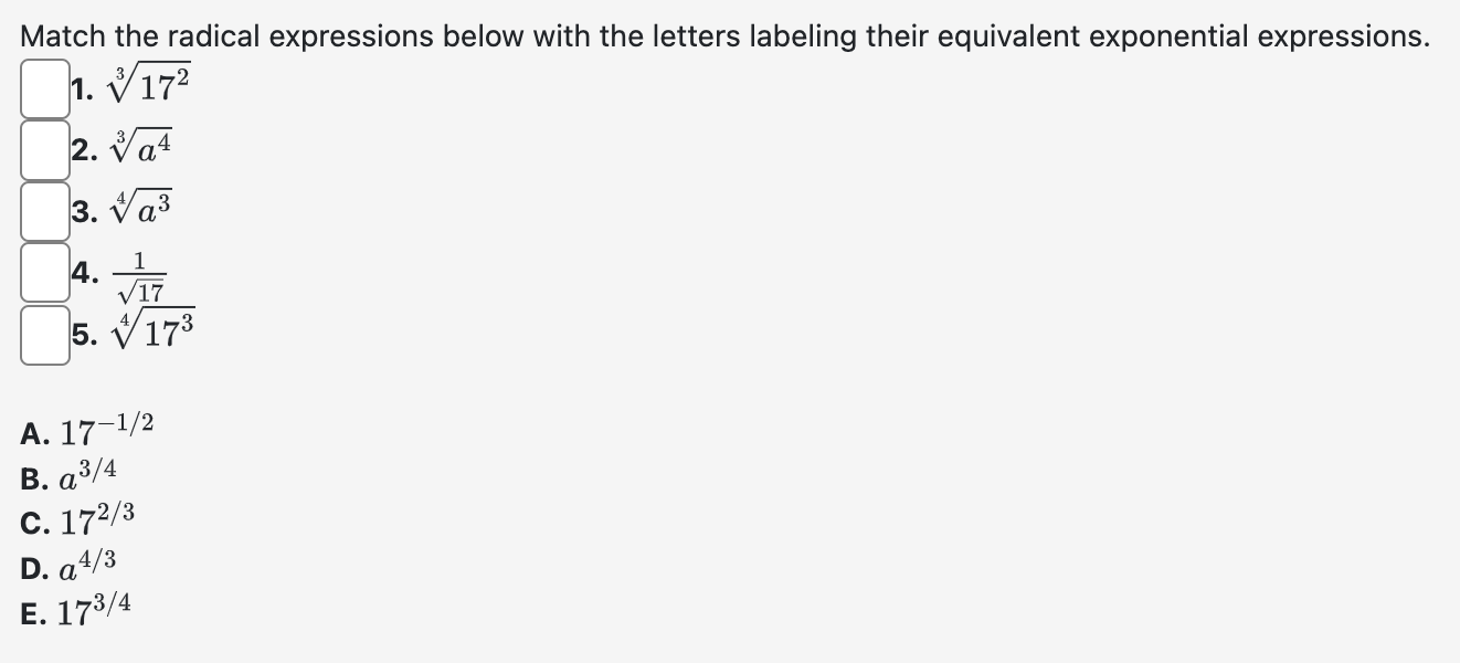 Solved Match the radical expressions below with the letters | Chegg.com