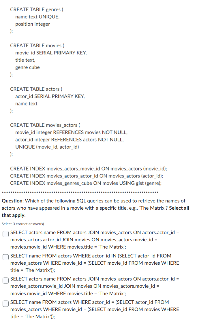 Solved CREATE TABLE genres (name text UNIQUE,position | Chegg.com