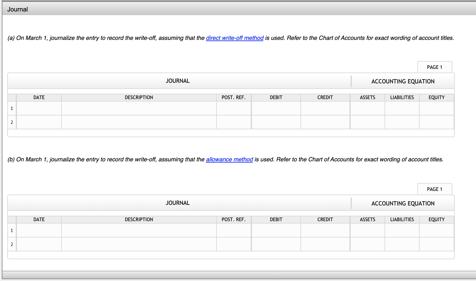 Solved 3. EX.09-05.BLANKSHEET Entries to write off accounts | Chegg.com